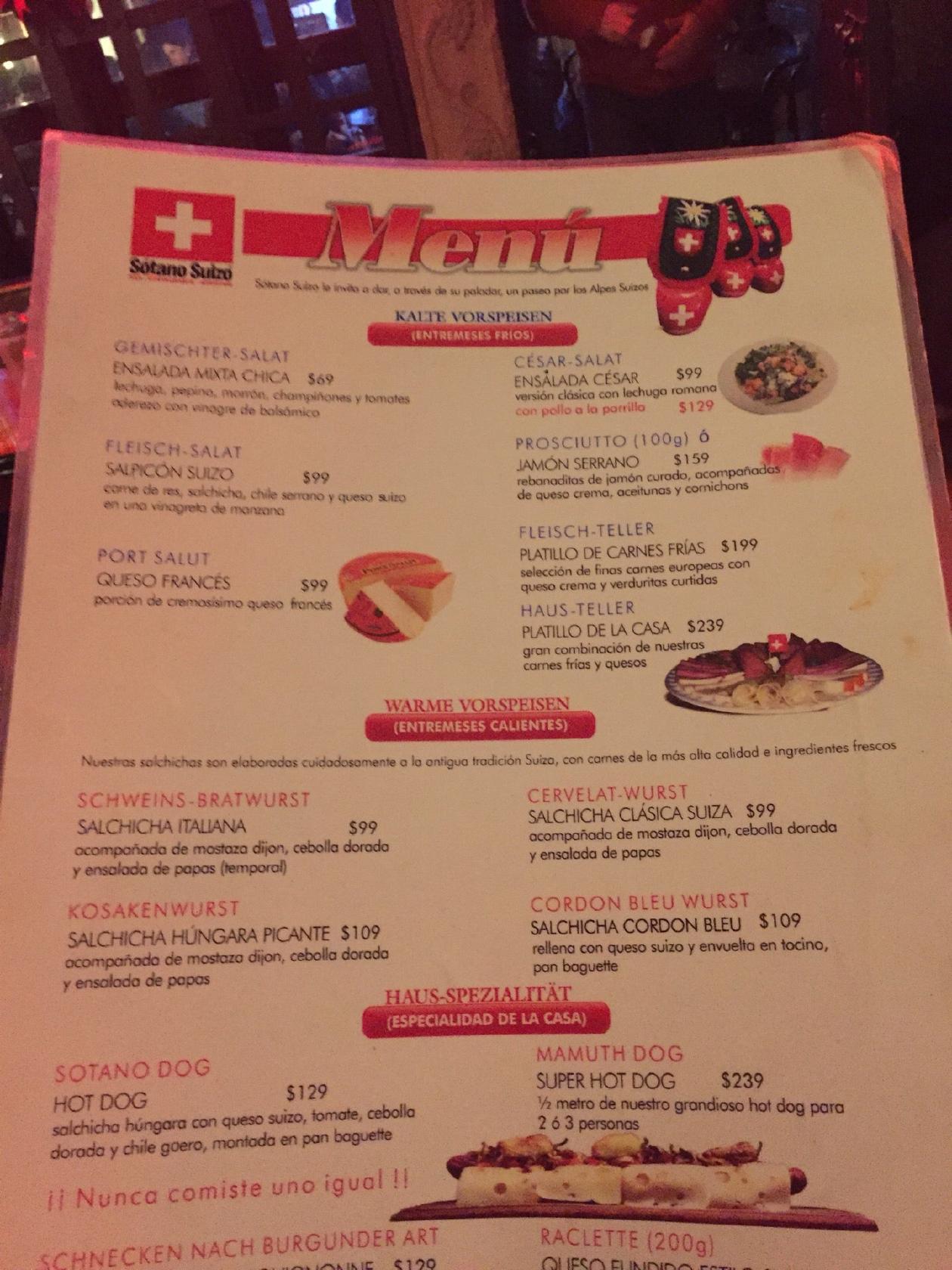 Carta del pub y bar Sótano Suizo, Tijuana