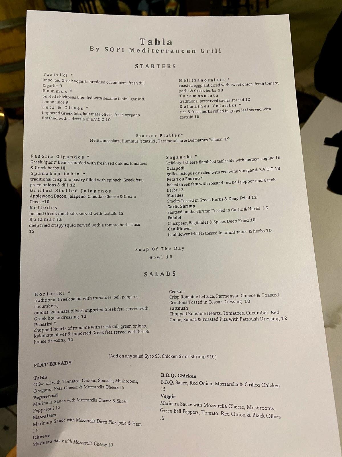 Carta de TABLA BY SOFI RESTAURANT, Los Angeles