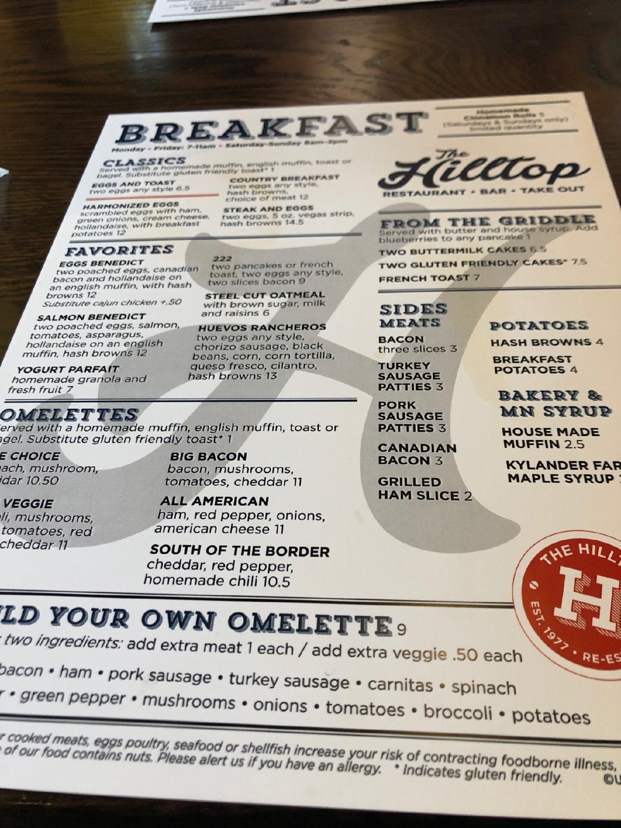 Menu at The Hilltop pub & bar, Edina, Arcadia Ave