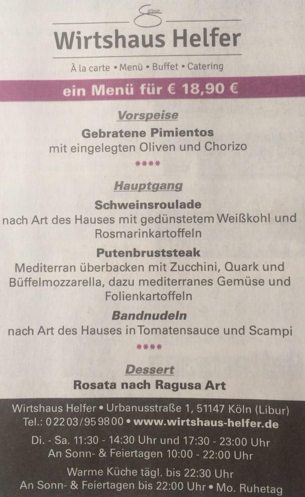 Speisekarte von Wirtshaus Helfer restaurant, Köln, Urbanusstraße 1