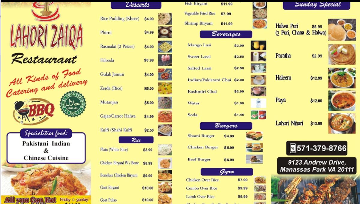 Menu at Lahori Zaiqa restaurant, Manassas