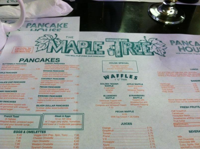 Menu at Maple Tree Pancake House restaurant, Virginia Beach, Atlantic Ave