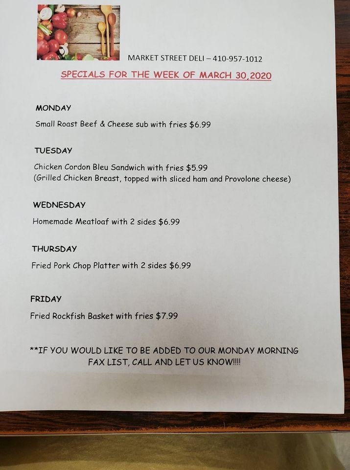 Menu at Market Street Deli restaurant, Pocomoke City, Market St