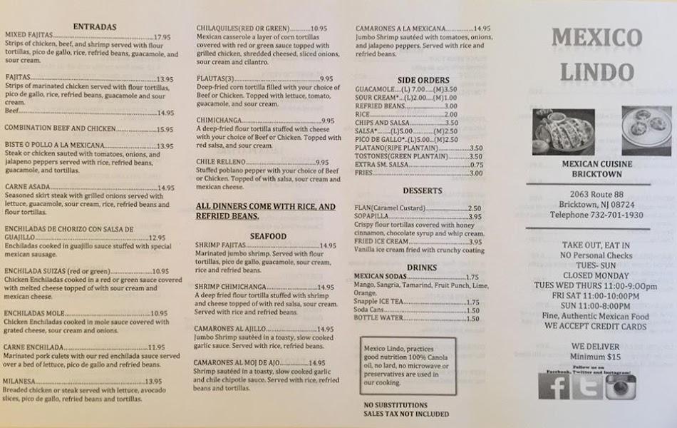 Menu at El Mexico Lindo restaurant, Brick, NJ-88