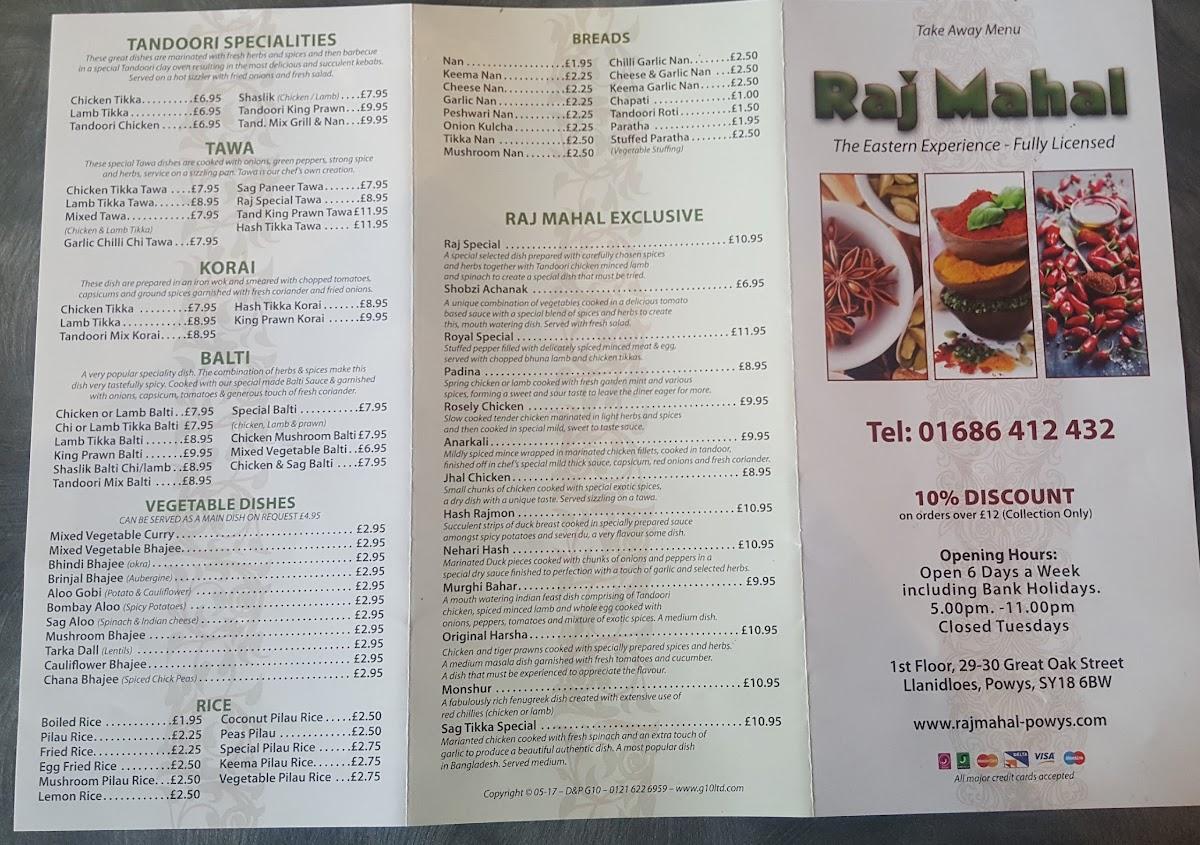 Menu at Raj Mahal restaurant, Llanidloes