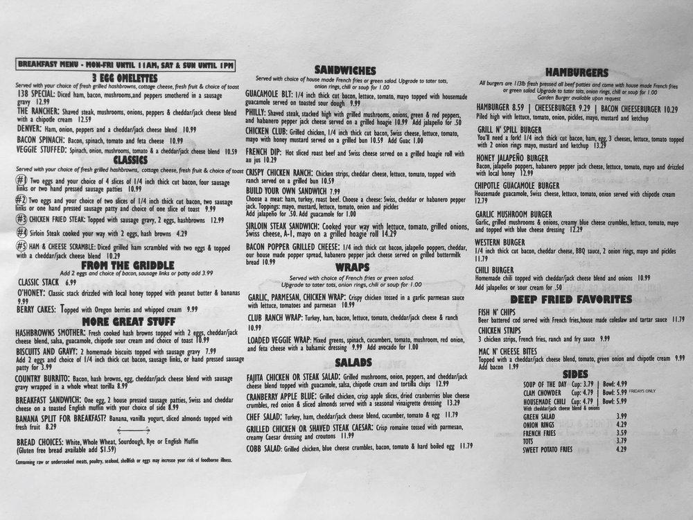 Menu at 138 Grill restaurant, Glide