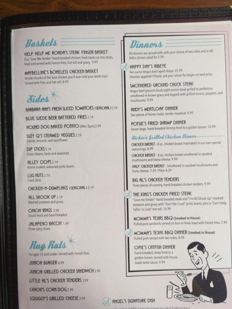 Menu at Angel's Diner steakhouse, McAlester, S George Nigh Expy