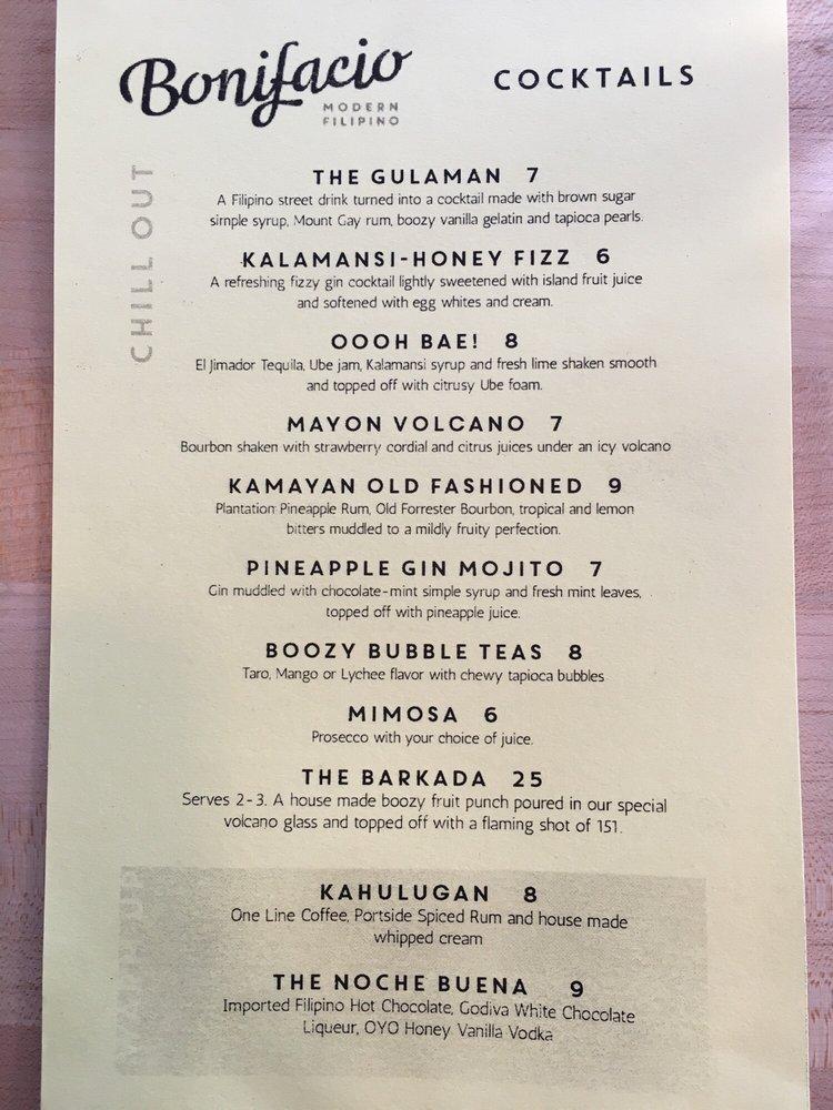 Menu at Bonifacio pub & bar, Columbus