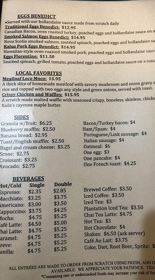 Menu at Café Kaila cafe, Honolulu