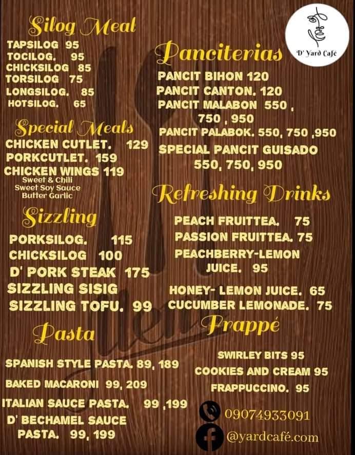 Menu at D'YARD CAFE, Pila, Brgy Oca St