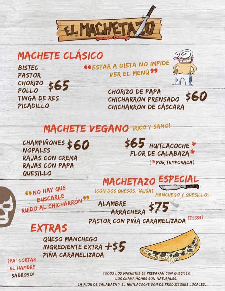 Menu at El Machetazo restaurant, San Cristóbal de las Casas, Av Yajalón