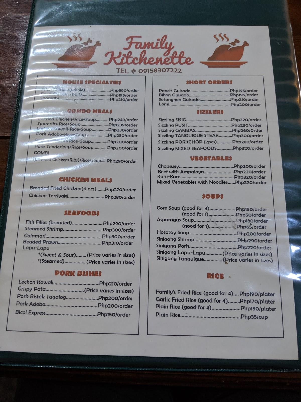 Menu at Family Kitchenette restaurant, Legazpi City, Barangay