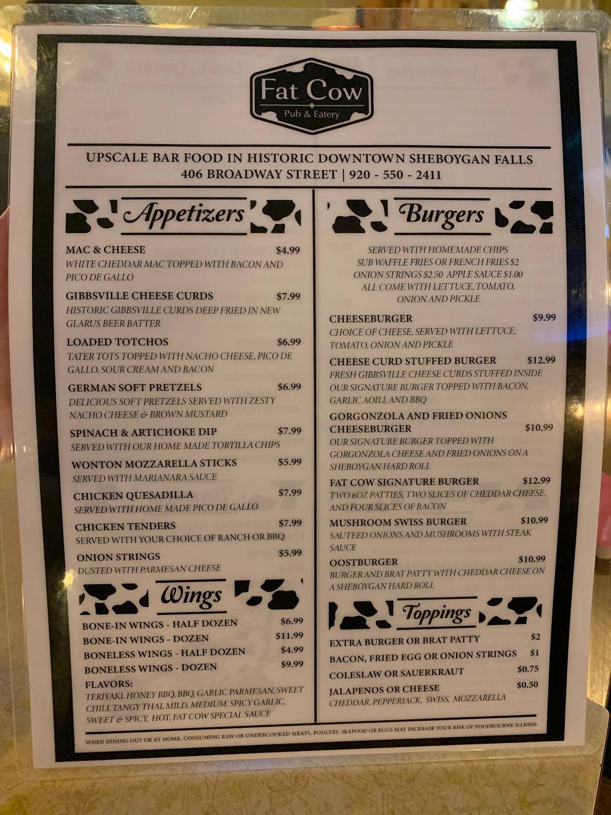Menu at Fat Cow pub & bar, Sheboygan Falls