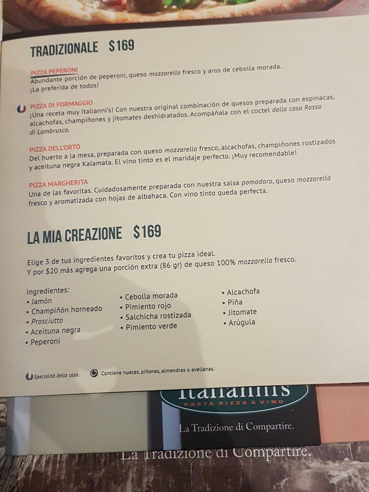 Menu at Italianni's restaurant, Puebla City, Arroyo Xonaca 1006