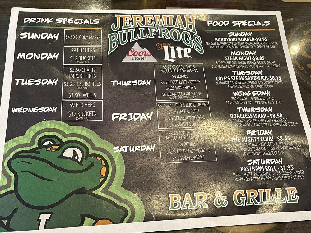 Menu at Jeremiah Bullfrogs pub & bar, Topeka, SW Wanamaker Rd