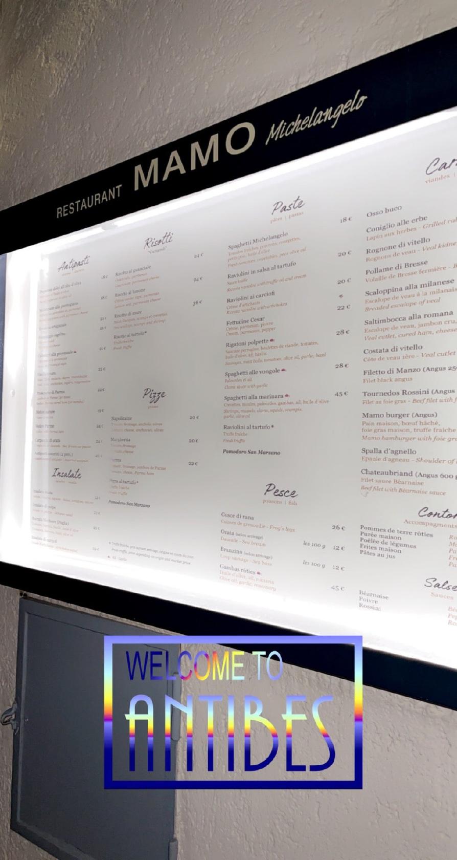 Carta de pizzería Mamo Michelangelo, Antibes