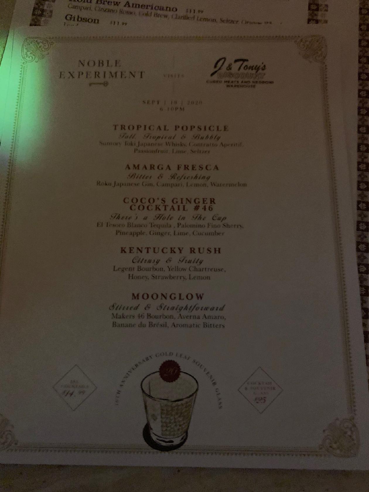 Menu at Noble Experiment pub & bar, San Diego, 777 G St