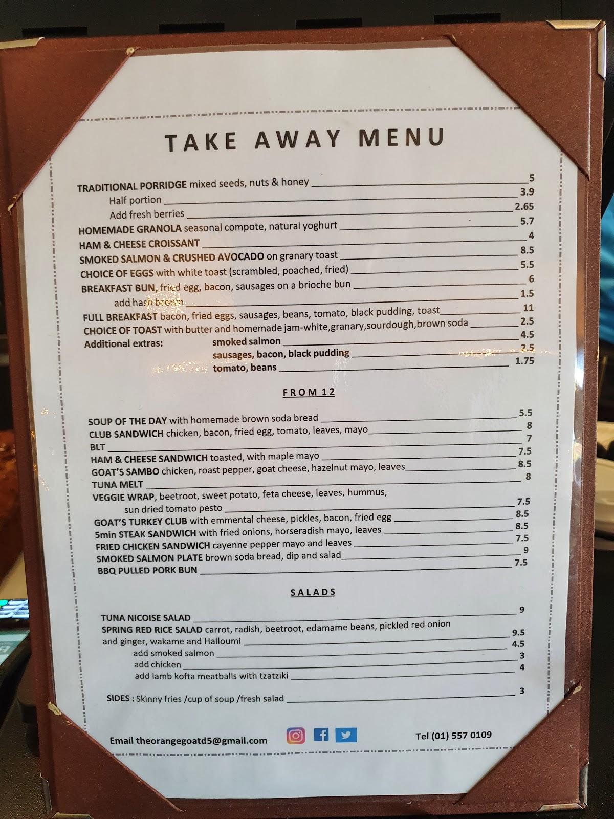 Menu at The Orange Goat - Killester cafe, Dublin