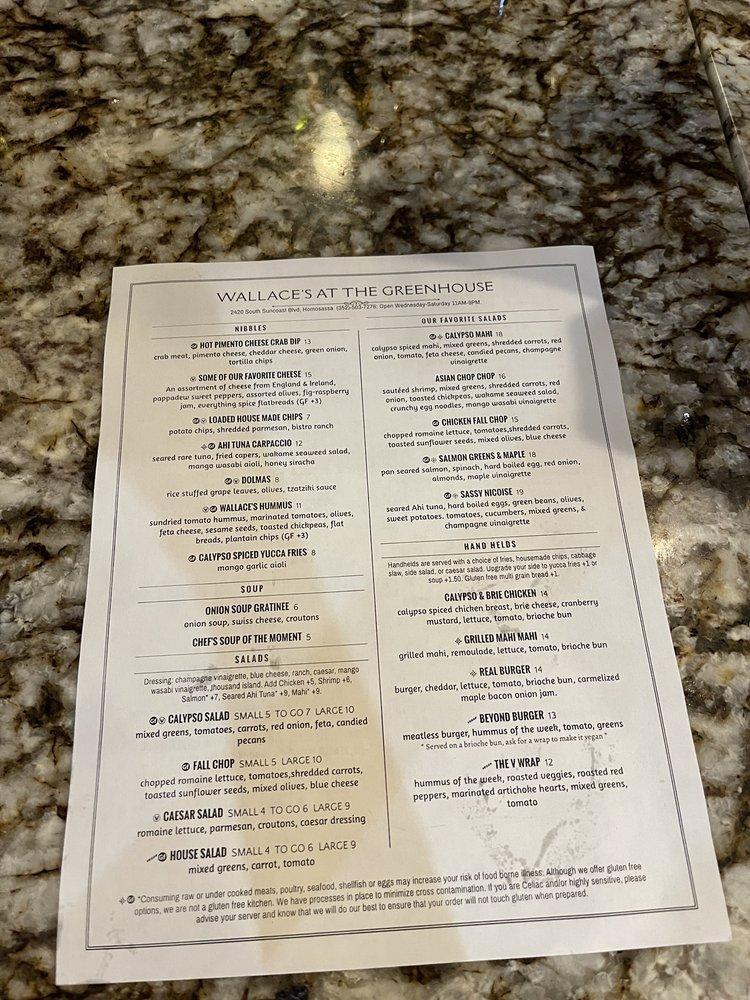 Menu at Wallace's at the Greenhouse restaurant, Homosassa