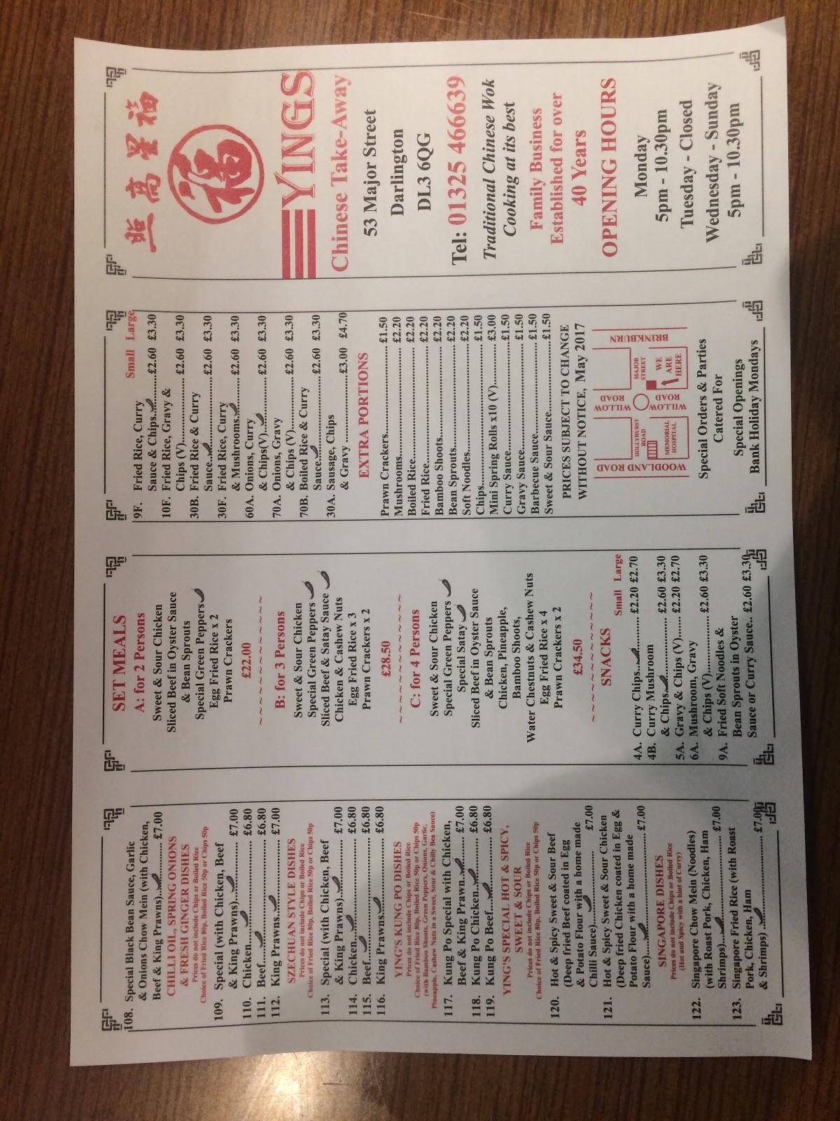 Menu at Yings Chinese Takeaway, Est. 1971 restaurant, Darlington