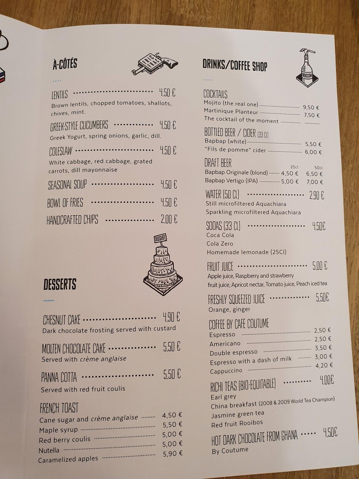 Menu at Fric-Frac restaurant, Paris, 4 Rue des Trois Frères