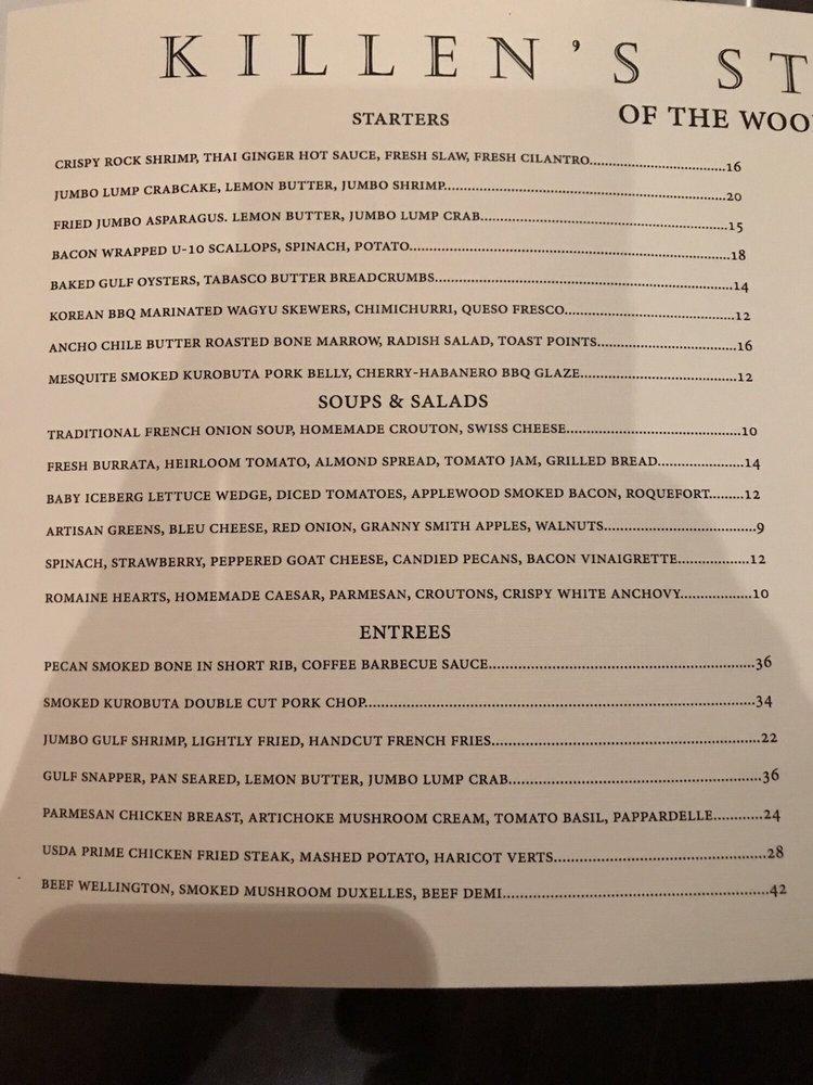 Menu at Killen's Steakhouse, Shenandoah