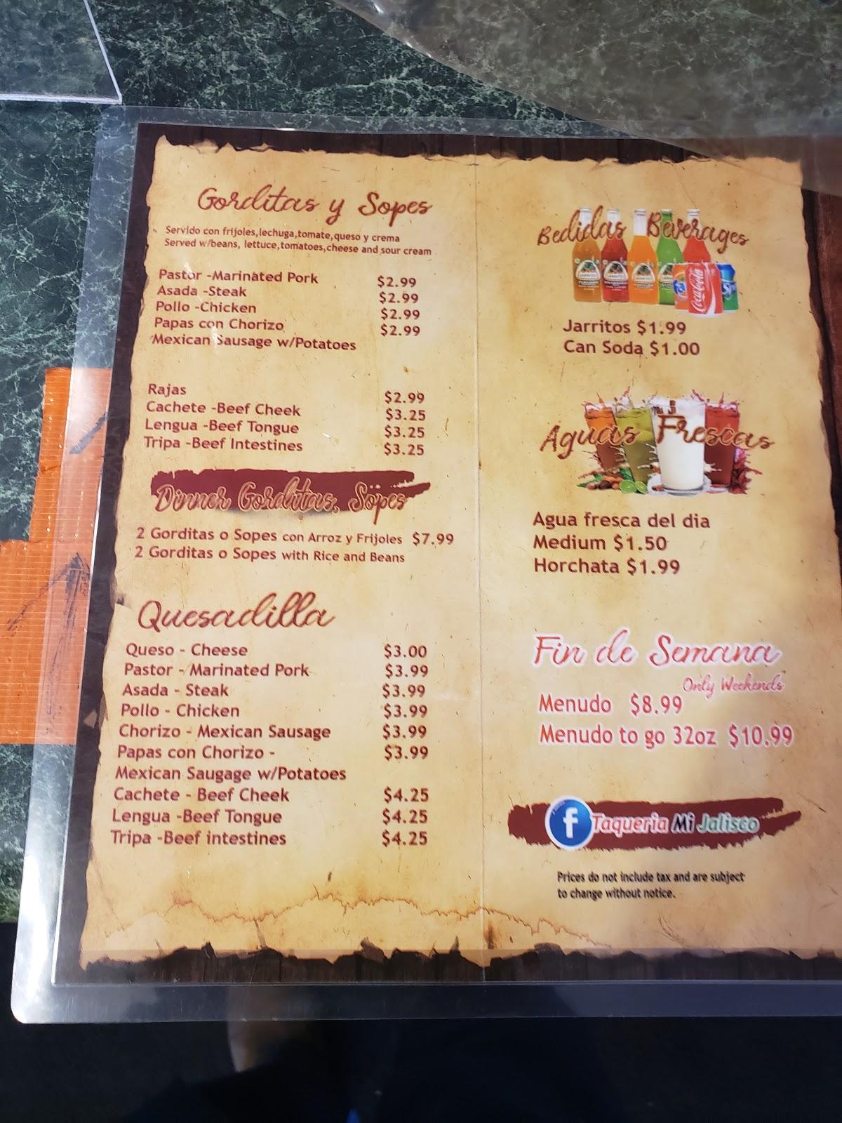 Menu at Taqueria Mi Jalisco restaurant, East Chicago