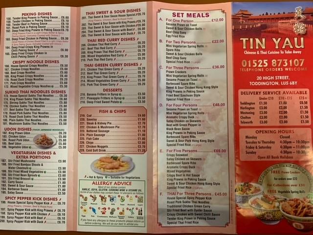 Menu at Tin Yau restaurant, Luton