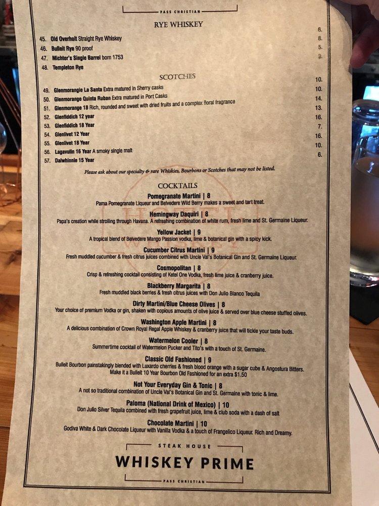 Menu at Whiskey Prime pub & bar, Pass Christian