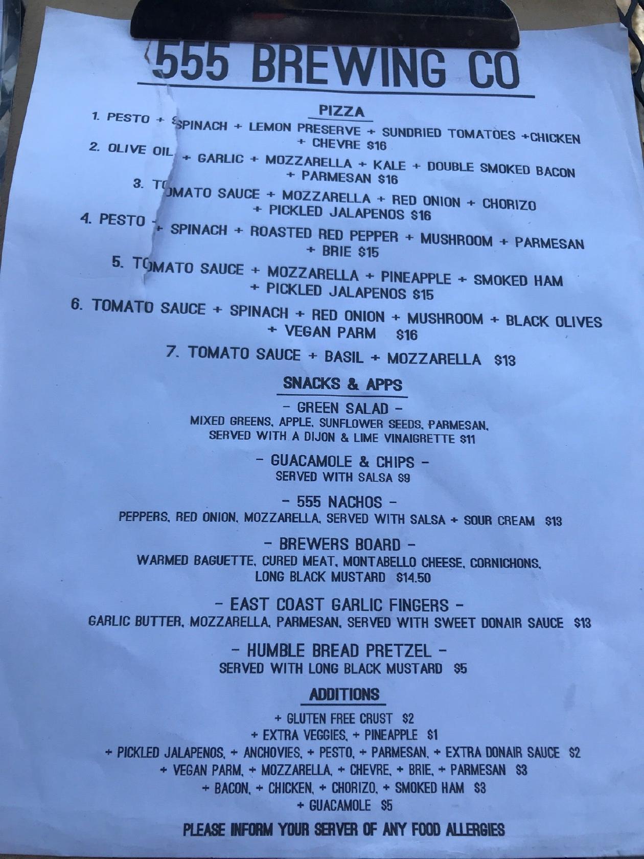 Menu at 555 Brewing Co pub & bar, Prince Edward, 124 Picton Main St