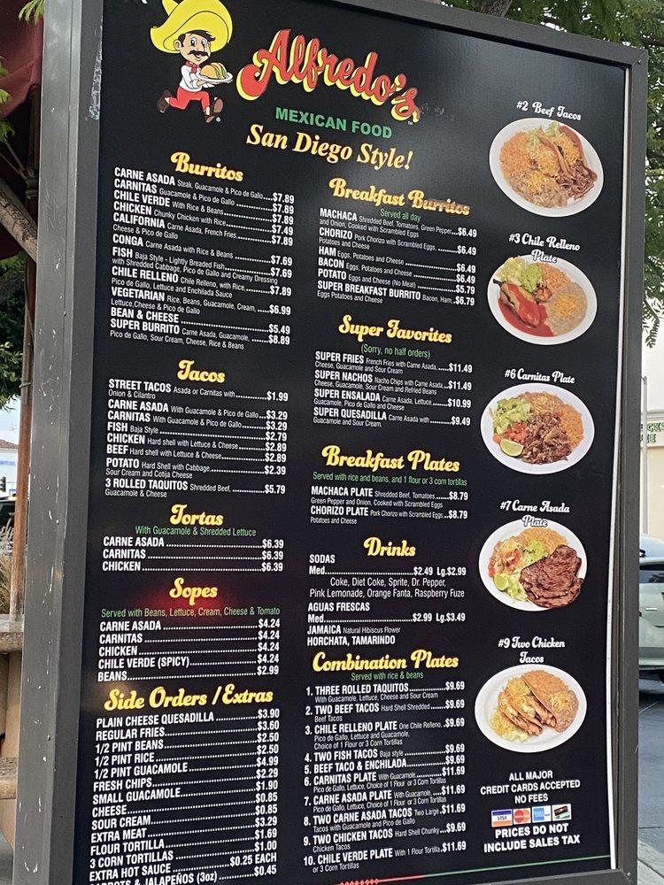 Menu at Alfredo's Mexican Food restaurant, Bell Gardens, Eastern Ave