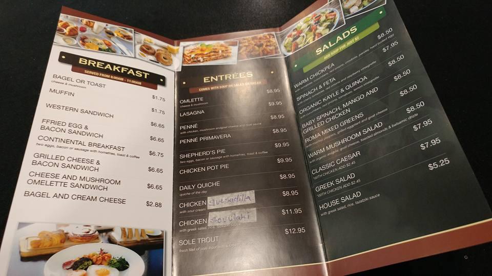 Menu at Anthony's Cafe, Toronto