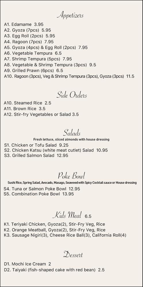 Menu at Asahi Sushi restaurant, Olympia