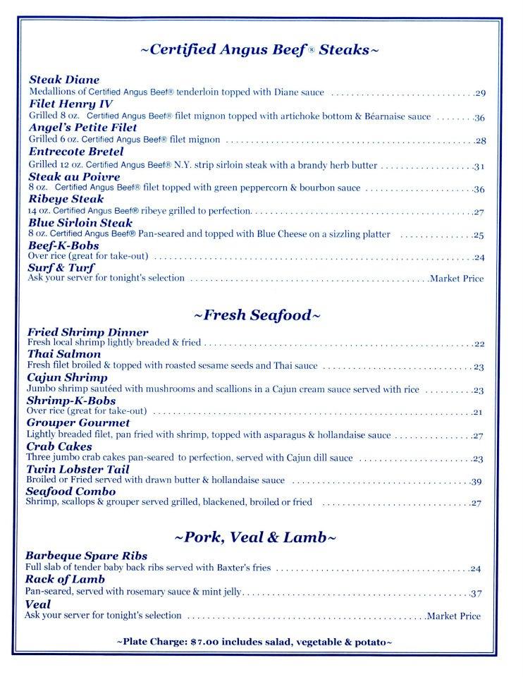 Menu at Baxter's Restaurant, Fernandina Beach