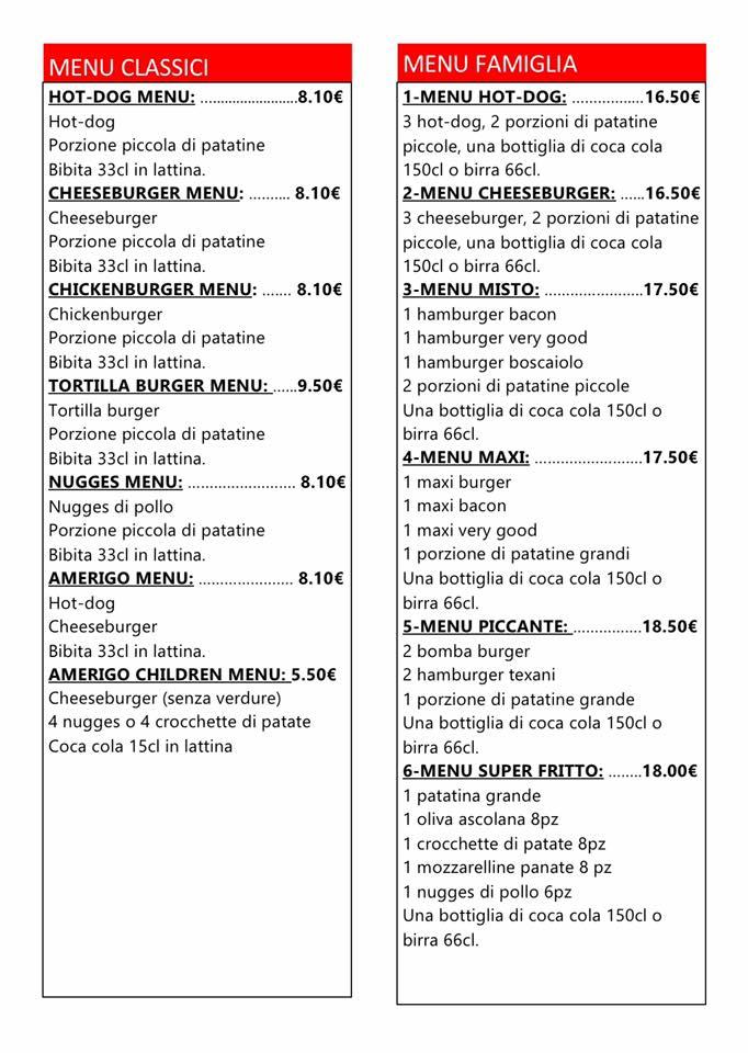 Menu at Amerigo chiosco restaurant, Bergamo