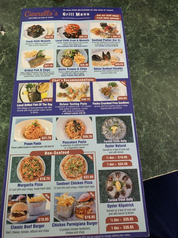 Menu at Cicerello's Fremantle restaurant, Fremantle