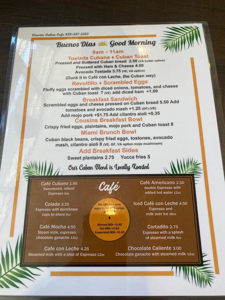 Menu at Cousins Cuban Cafe, Black Mountain