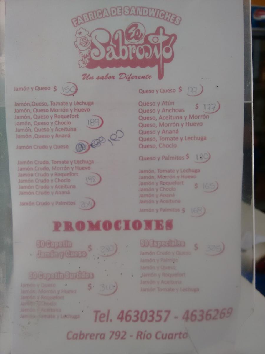 Menu at El Sabrosito Sandwiches, Río Cuarto