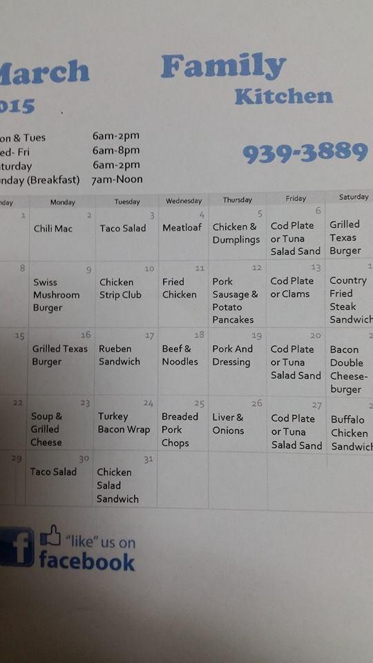 Menu at Family Kitchen restaurant, Waterloo
