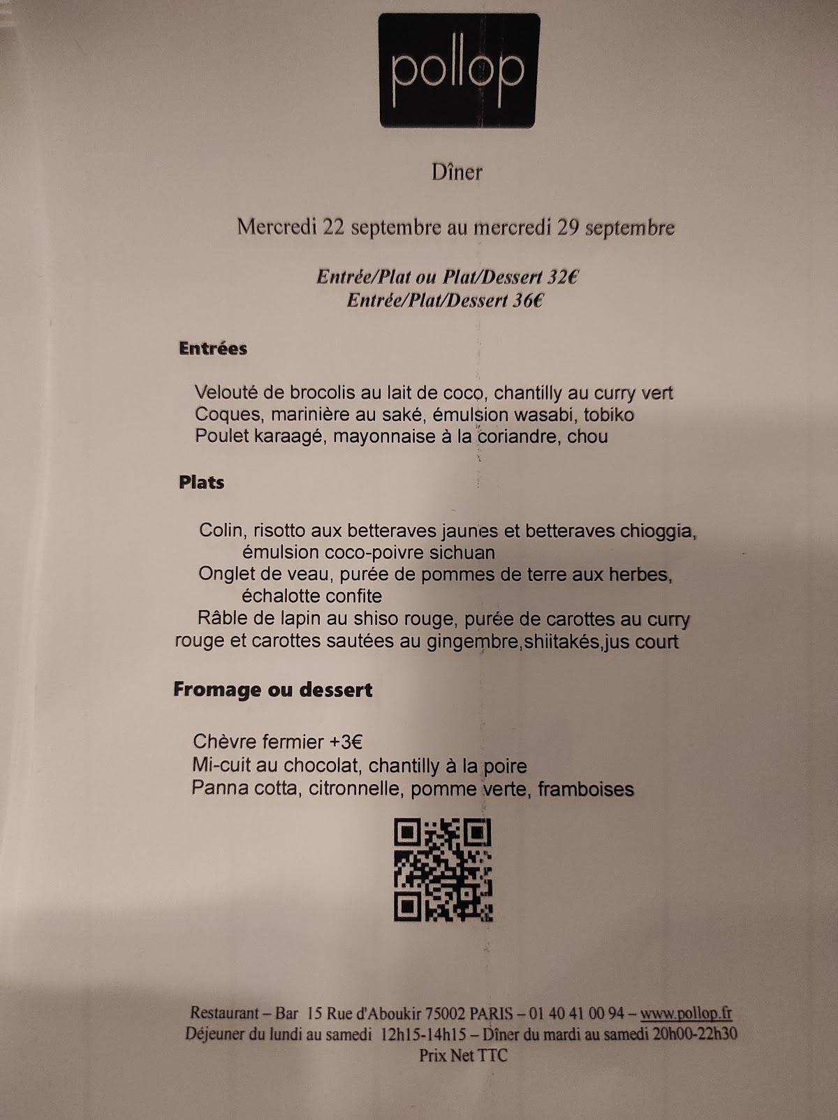 Menu at Pollop restaurant, Paris