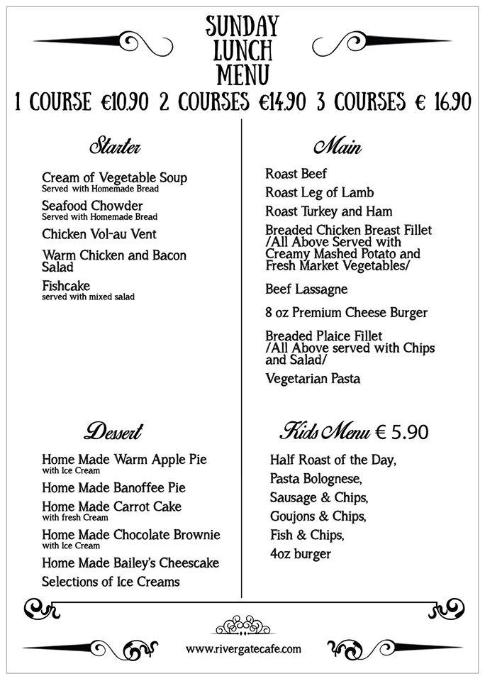 Menu at Rivergate Cafe and Restaurant, Youghal