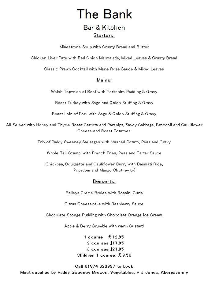 Menu at The Bank Bar & Kitchen, Brecon