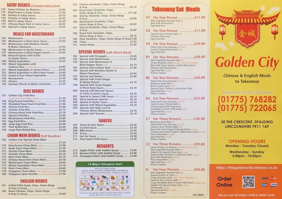 Menu at The Golden City restaurant, Spalding