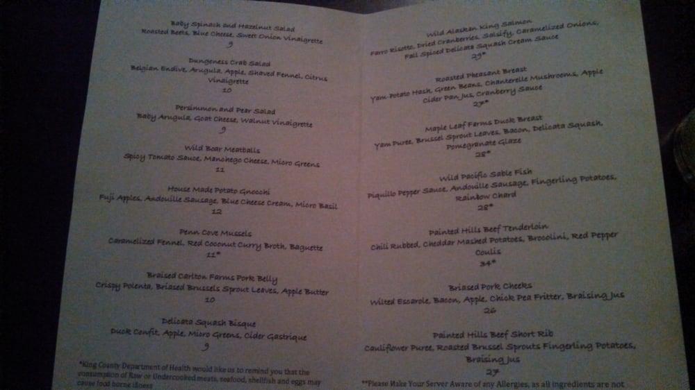 Menu at The Stone House restaurant, Redmond