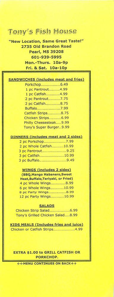 Menu at Tony's Fish House restaurant, Pearl, 2735 Old Brandon Rd