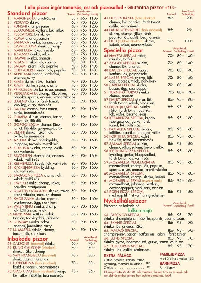 Menu at Dalby pizzeria, Dalby
