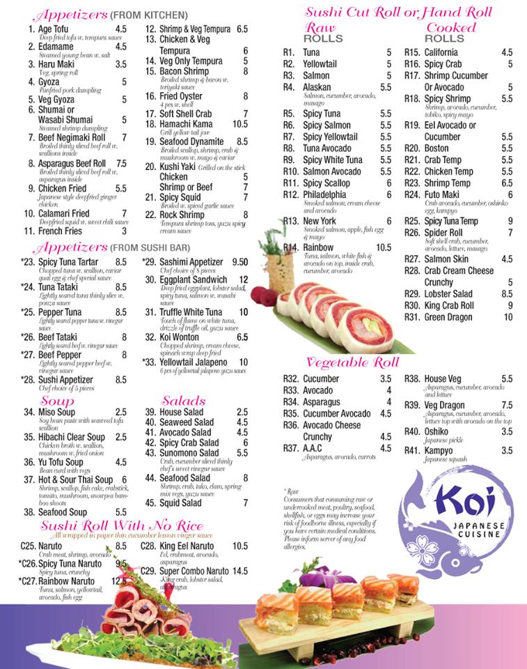 Menu at Koi Japanese Cuisine restaurant, Westerly