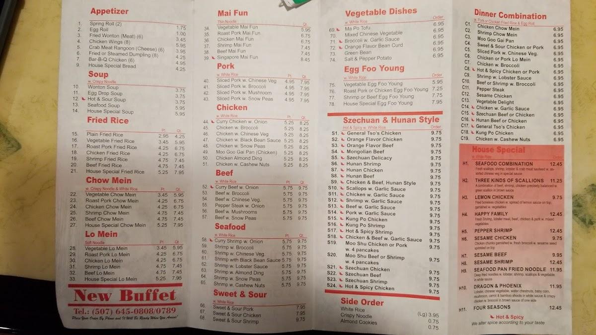 Menu at New Buffet restaurant, Northfield