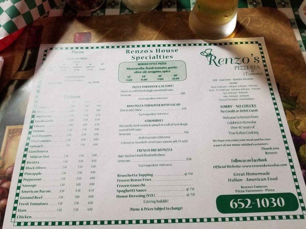 Menu at Renzo's Pizzeria & Trattoria, Kenosha