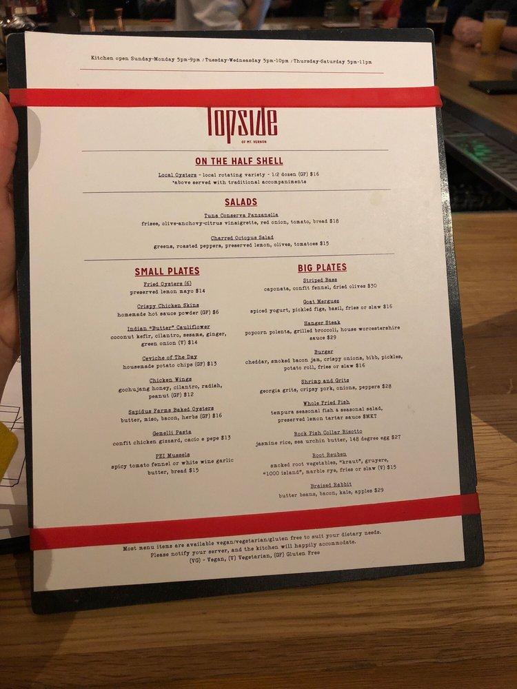 Menu at Topside restaurant, Baltimore, 101 W Monument St